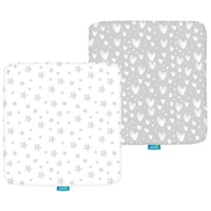 square playard/playpen fitted sheets, perfect for 36 x 36 portable playard, 2 pack, 100% jersey knit cotton fitted sheets, grey stripes and hearts print for baby boy and baby girl