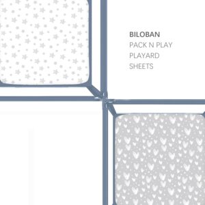 Square Playard/Playpen Fitted Sheets, Perfect for 36 X 36 Portable Playard, 2 Pack, 100% Jersey Knit Cotton Fitted Sheets, Grey Stripes and Hearts Print for Baby Boy and Baby Girl