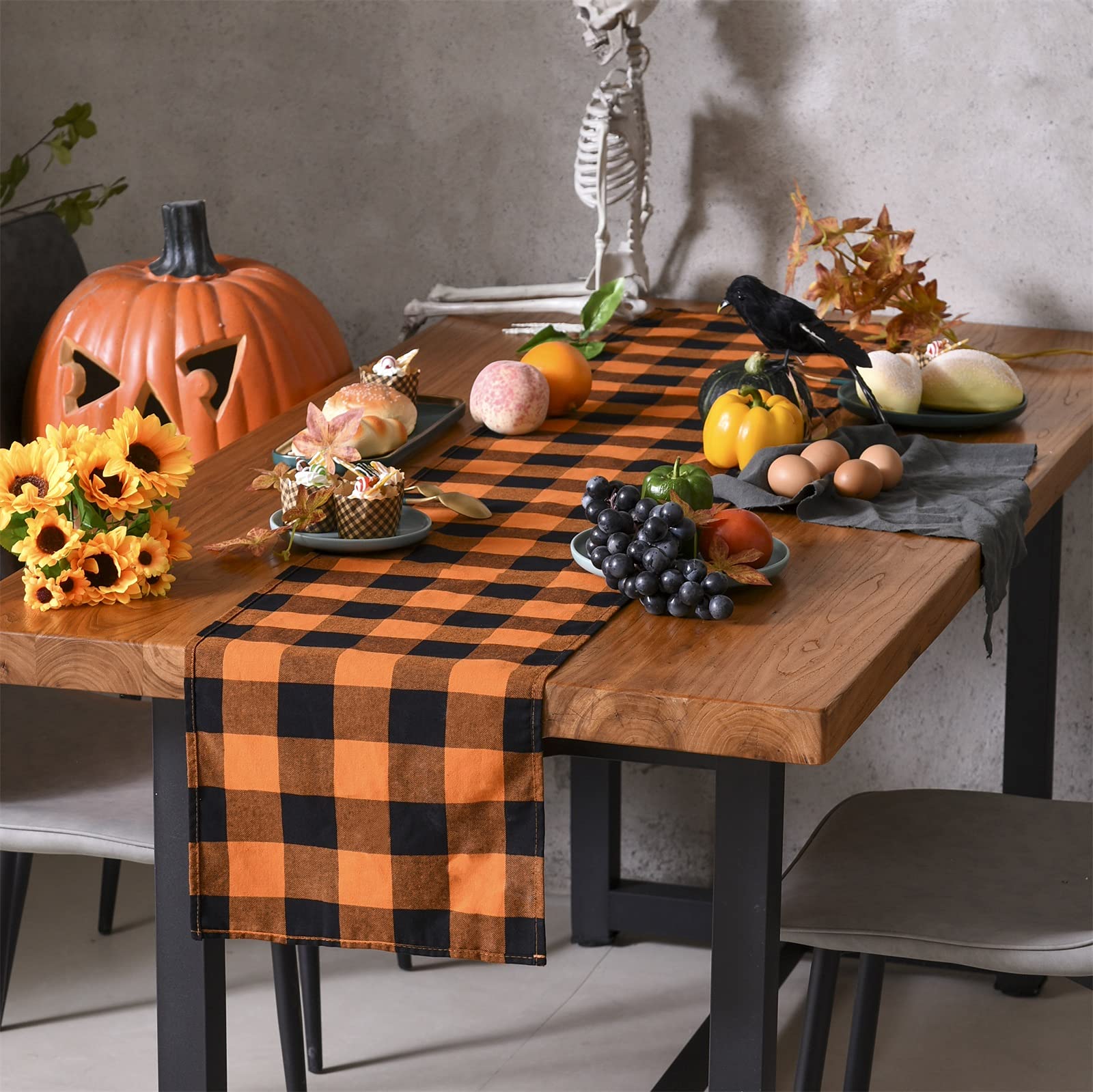 Tosewever Halloween Buffalo Check Plaid Table Runner, Cotton Polyester Blend Classic Family Dinner Table Runners for Indoor Outdoor Parties Events Home Decoration (Orange and Black, 14 x 72 Inch)