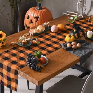 Tosewever Halloween Buffalo Check Plaid Table Runner, Cotton Polyester Blend Classic Family Dinner Table Runners for Indoor Outdoor Parties Events Home Decoration (Orange and Black, 14 x 72 Inch)