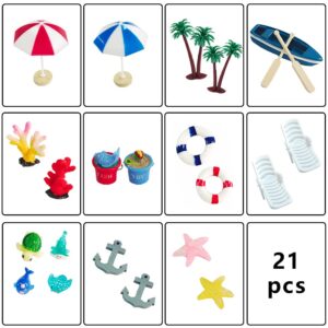 21 Pieces Beach Cake Toppers Hawaiian Chair Boat Palm Tree Umbrella Dollhouse Decoration Miniature Ornament Kits Set for Swimming Pool Summer Beach Birthday Party Supplies