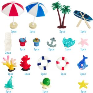 21 Pieces Beach Cake Toppers Hawaiian Chair Boat Palm Tree Umbrella Dollhouse Decoration Miniature Ornament Kits Set for Swimming Pool Summer Beach Birthday Party Supplies