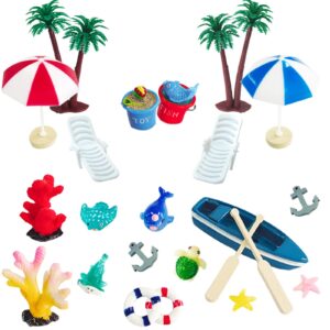 21 Pieces Beach Cake Toppers Hawaiian Chair Boat Palm Tree Umbrella Dollhouse Decoration Miniature Ornament Kits Set for Swimming Pool Summer Beach Birthday Party Supplies