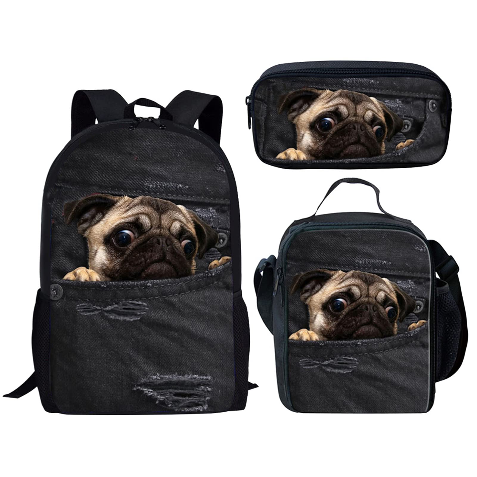 Howilath Pug Dog in Jeans Pocket 3 PCS Canvas Daypack Casual School Bag for Girls, Kids 17 Inch Backpack Set Teen Boys Shoulder School Bags Insulated Lunchbox with Pencil Case