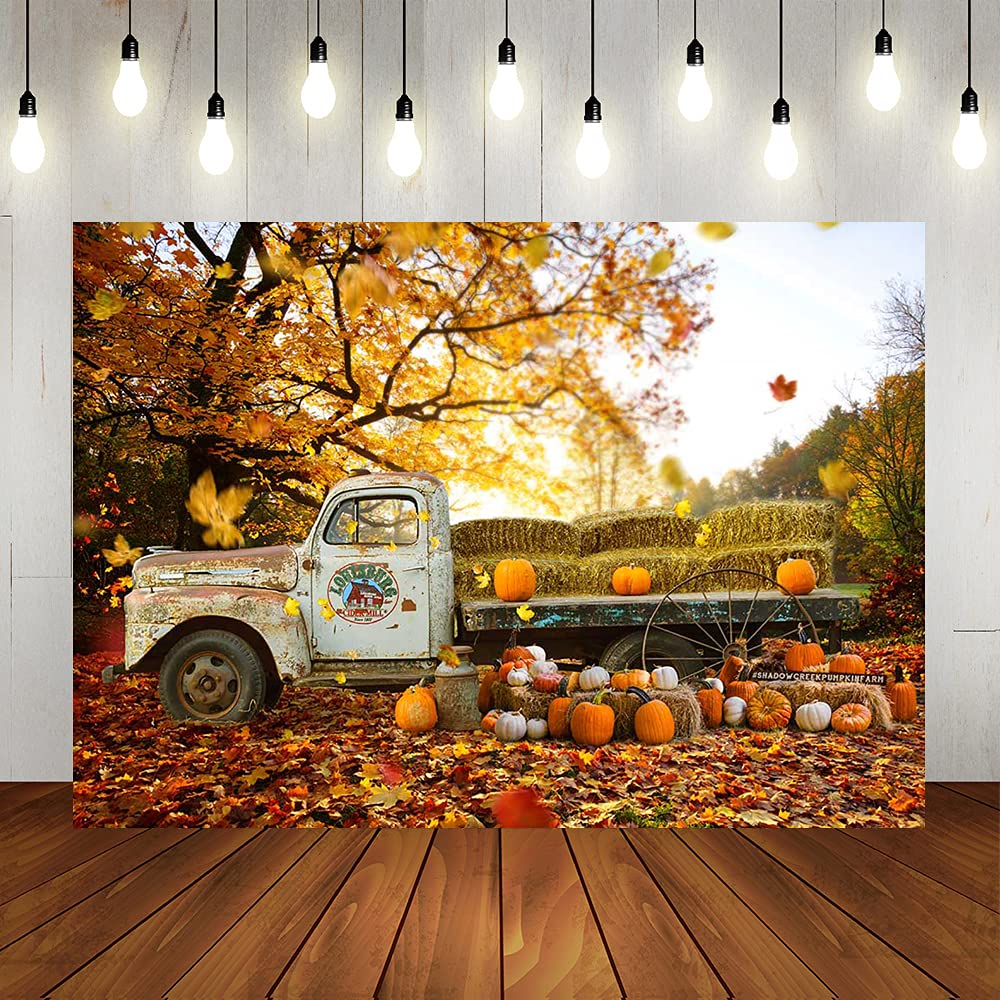 Lofaris Autumn Pumpkin Truck Backdrop Harvest Hay Fall Forest Maple Leaves Photography Background Thanks-Giving Day Party Banner Photo Decorations 7x5ft