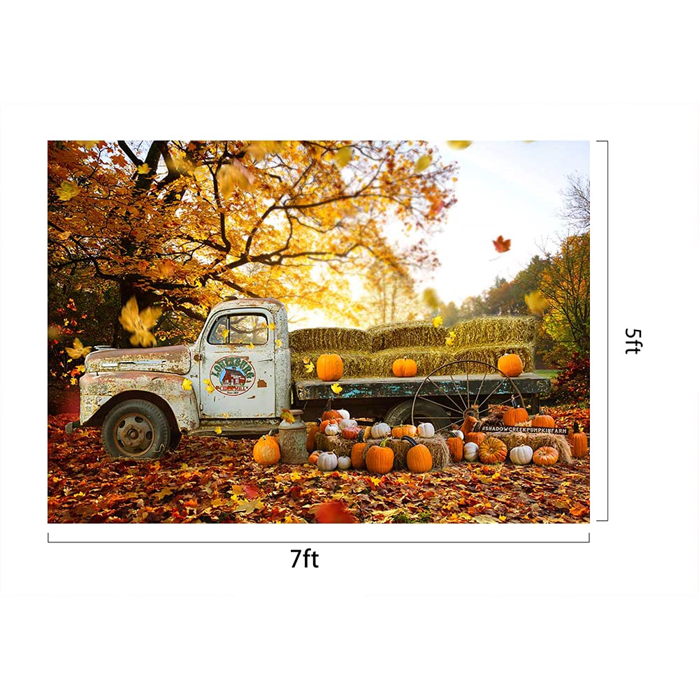 Lofaris Autumn Pumpkin Truck Backdrop Harvest Hay Fall Forest Maple Leaves Photography Background Thanks-Giving Day Party Banner Photo Decorations 7x5ft