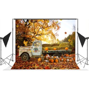 Lofaris Autumn Pumpkin Truck Backdrop Harvest Hay Fall Forest Maple Leaves Photography Background Thanks-Giving Day Party Banner Photo Decorations 7x5ft