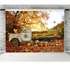 Lofaris Autumn Pumpkin Truck Backdrop Harvest Hay Fall Forest Maple Leaves Photography Background Thanks-Giving Day Party Banner Photo Decorations 7x5ft