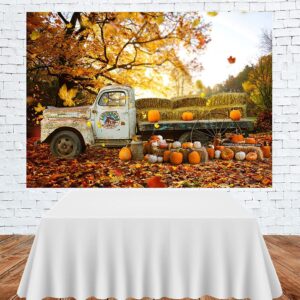 Lofaris Autumn Pumpkin Truck Backdrop Harvest Hay Fall Forest Maple Leaves Photography Background Thanks-Giving Day Party Banner Photo Decorations 7x5ft