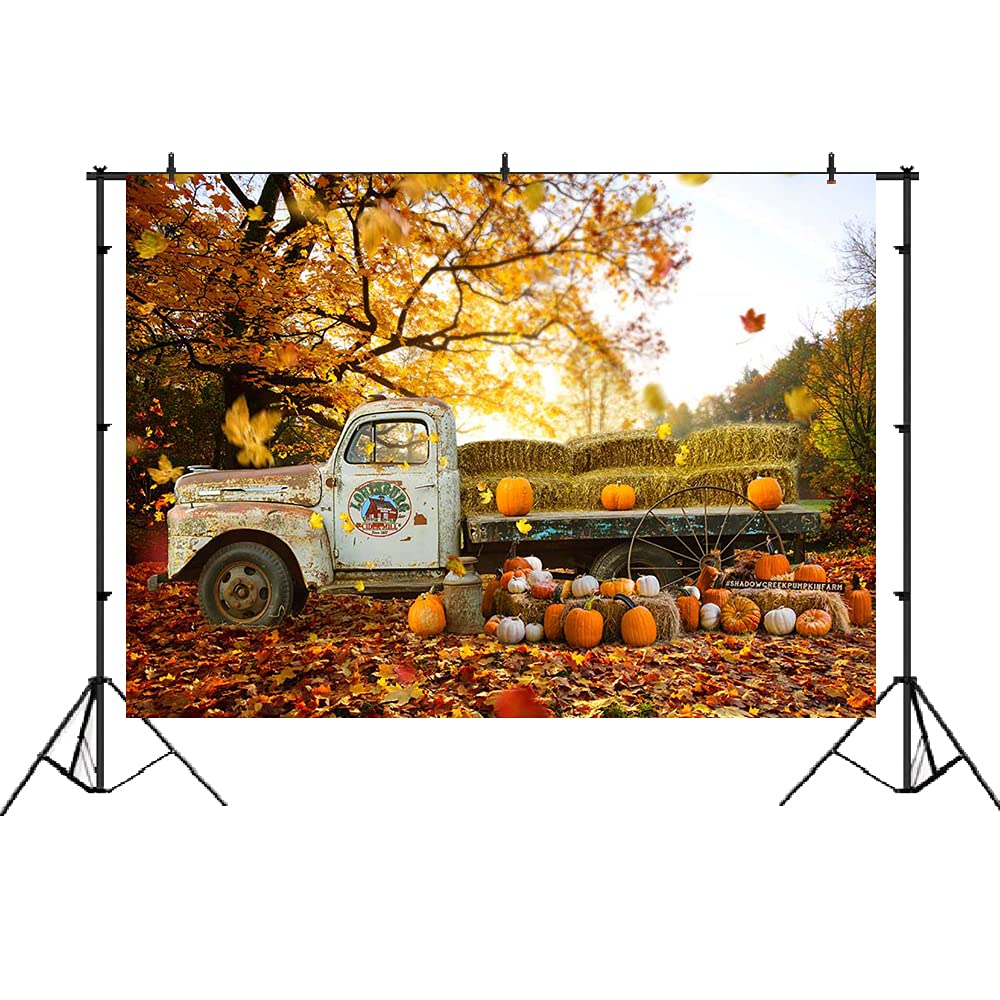 Lofaris Autumn Pumpkin Truck Backdrop Harvest Hay Fall Forest Maple Leaves Photography Background Thanks-Giving Day Party Banner Photo Decorations 7x5ft