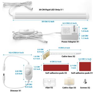 Litever Under Cabinet LED Lighting Bar Dimmable. 1 pc 12” Slim Bright LED Light Strip. Power Adapter, Switch, Dimmer Included. Plug in. Perfect for Kitchen Counter Workbench Closet. Warm White 3000K