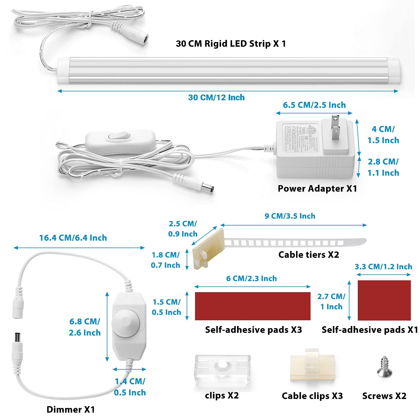 Litever Under Cabinet LED Lighting Bar Dimmable. 1 pc 12” Slim Bright LED Light Strip. Power Adapter, Switch, Dimmer Included. Plug in. Perfect for Kitchen Counter Workbench Closet. Warm White 3000K