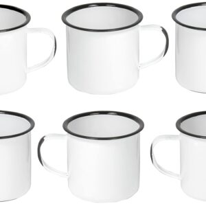 Red Co. Set of 6 Enamelware Metal Medium Classic 12 Oz Round Coffee and Tea Mug with Handle, Distressed White/Black Rim