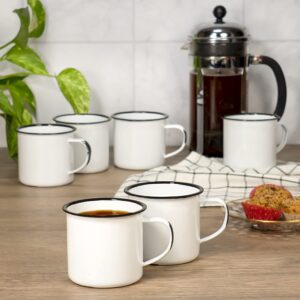 Red Co. Set of 6 Enamelware Metal Medium Classic 12 Oz Round Coffee and Tea Mug with Handle, Distressed White/Black Rim