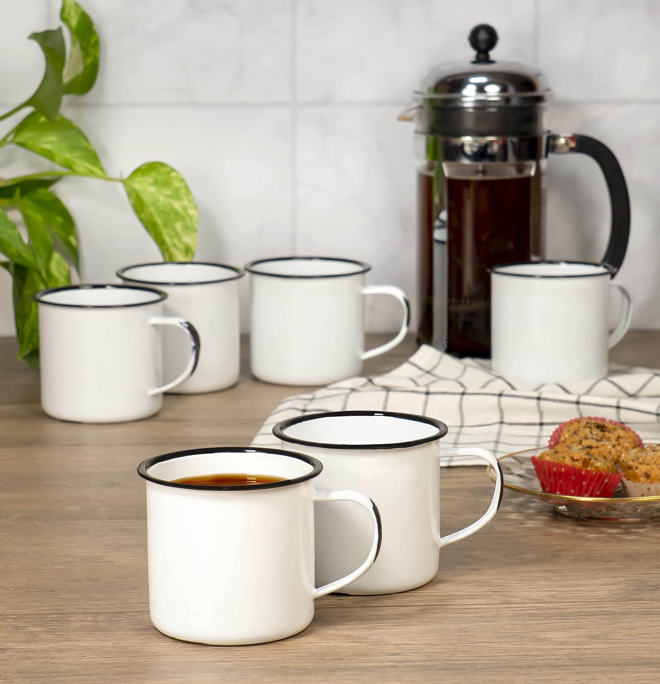 Red Co. Set of 6 Enamelware Metal Medium Classic 12 Oz Round Coffee and Tea Mug with Handle, Distressed White/Black Rim