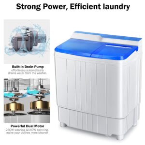 COSTWAY Portable Washing Machine, Semi-Automatic Twin Tub 13lbs Compact Washer and Spinner, Built-in Drain Pump, Control Knobs and Hose, Laundry washer for Apartment, RV, Blue