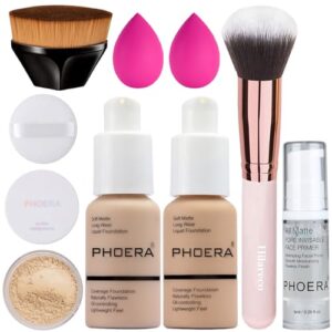 phoera foundation, full coverage foundation, phoera primer, phoera powder, phoera makeup set, kabuki makeup brushes foundation brush powder brush,2 pcs makeup sponge (102 nude + 104 buff beige)