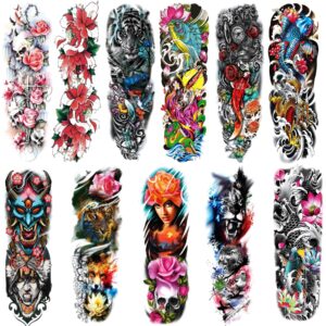 colorful sleeve tattoos stickers, full arm temporary tattoos sleeves, fake watercolor body art arm tattoo for kids women makeup, 12-sheet