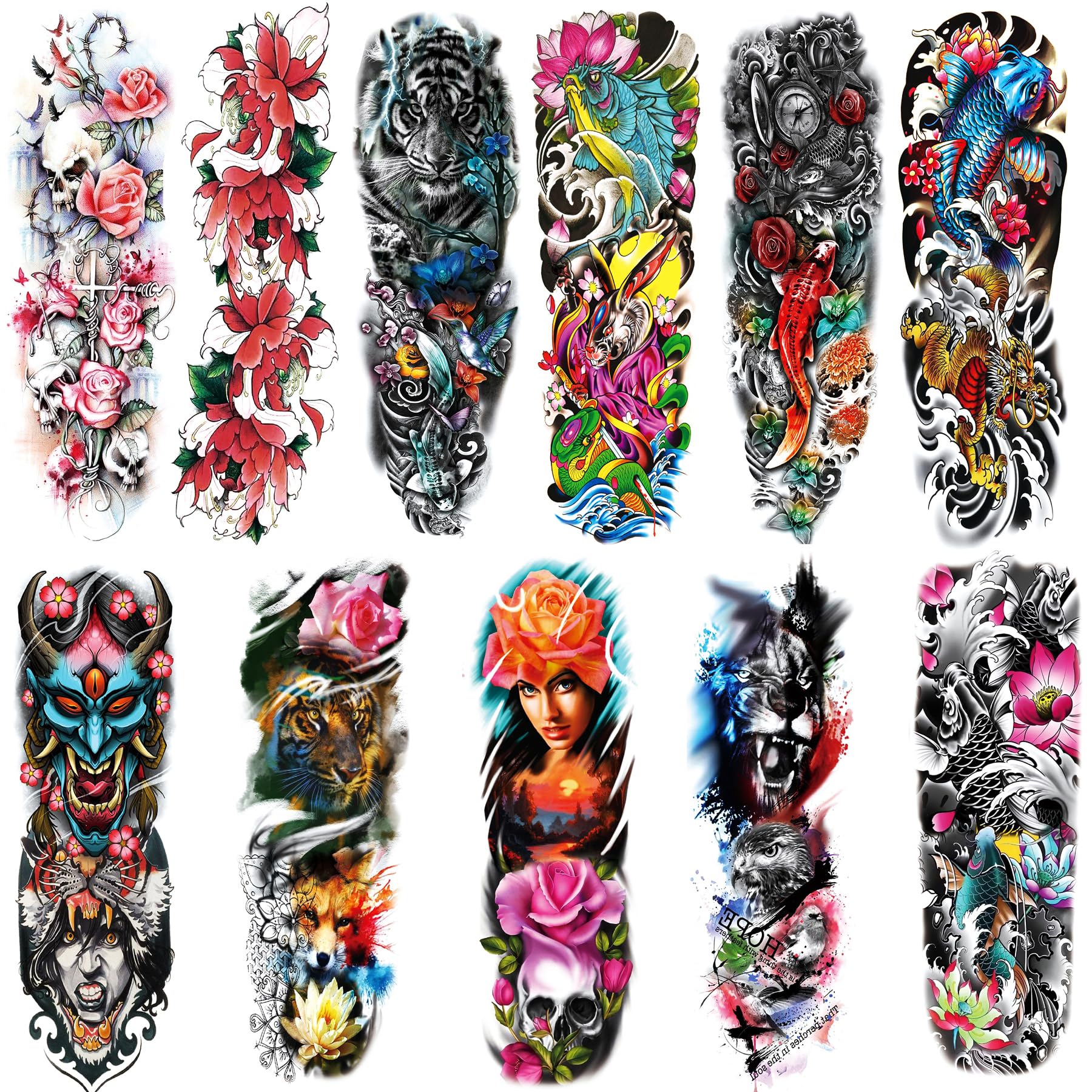 Colorful Sleeve Tattoos Stickers, Full Arm Temporary Tattoos Sleeves, Fake Watercolor Body Art Arm Tattoo for Kids Women Makeup, 12-Sheet