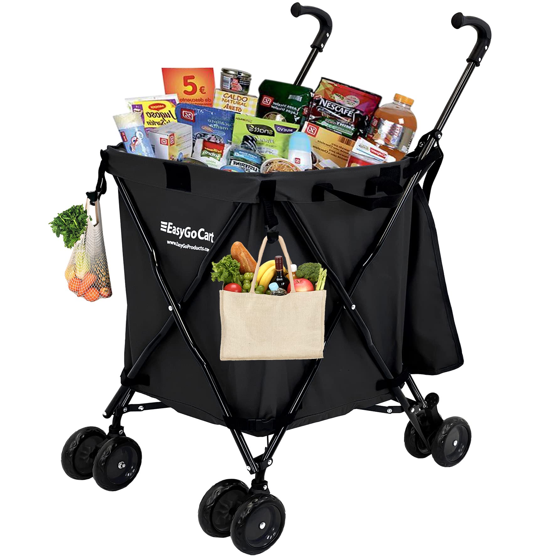 EasyGo Grocery Shopping Cart Laundry Basket Rolling Utility Cart with Wheels – Removable Canvas Bag, Versa Wheels & Rear Brakes - Easy Folding 120lb Capacity – Copyrighted, Black