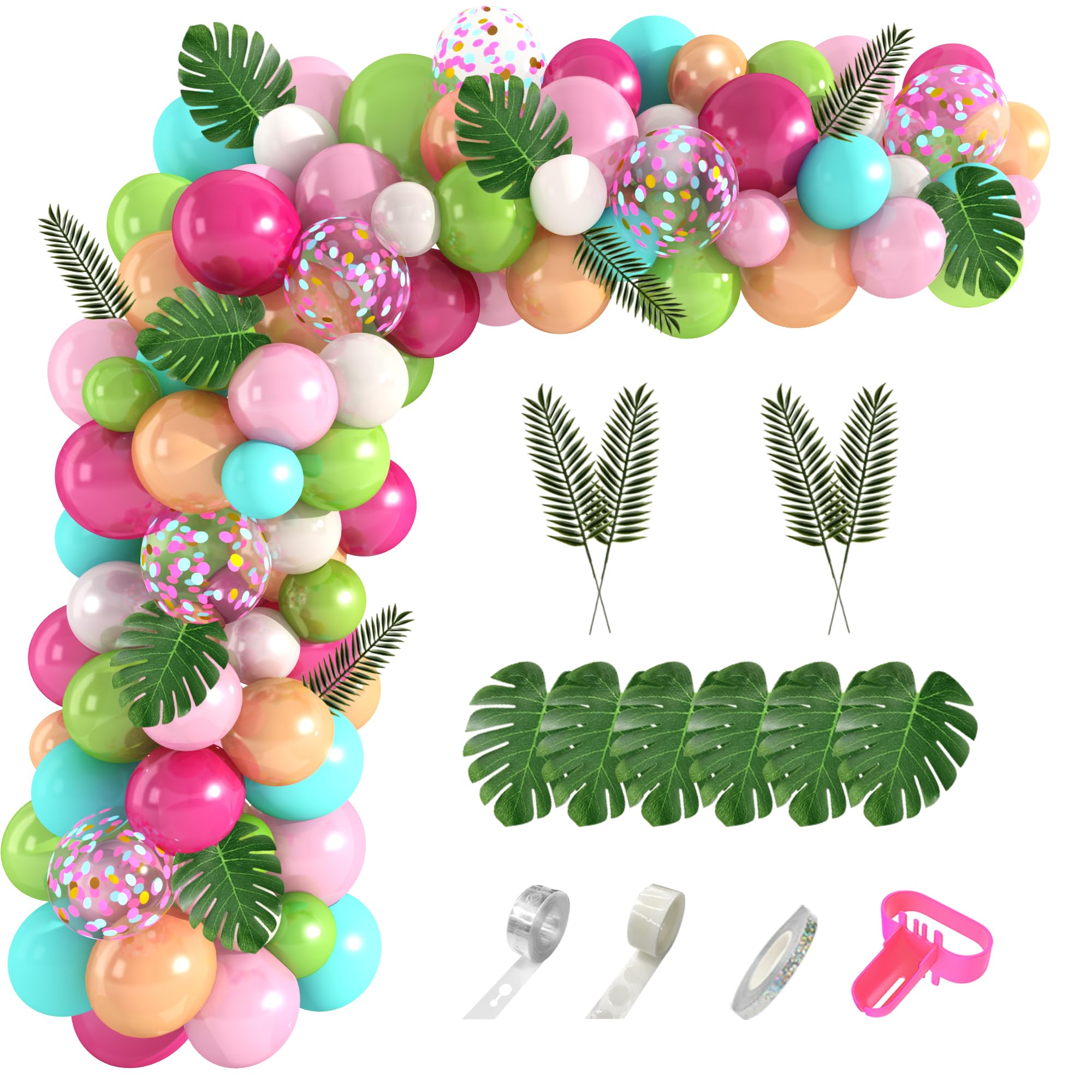 Amandir 140PCS Tropical Balloons Arch Garland Kit, Green Hot Pink Confetti Latex Balloons Palm Leaves for Tropical Hawaii Flamingo Birthday Baby Shower Wedding Party Decorations Supplies