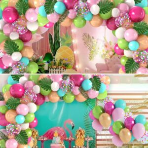 Amandir 140PCS Tropical Balloons Arch Garland Kit, Green Hot Pink Confetti Latex Balloons Palm Leaves for Tropical Hawaii Flamingo Birthday Baby Shower Wedding Party Decorations Supplies