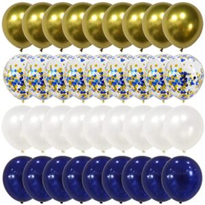 tuoyi 100pcs royal blue chrome metallic balloons set, 12 inch white gold and blue balloons, confetti balloons for wedding engagement, birthday balloons