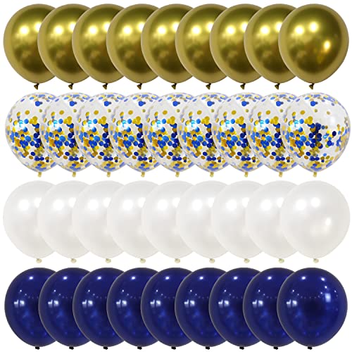 Tuoyi 100pcs Royal Blue Chrome Metallic Balloons Set, 12 Inch White Gold and Blue Balloons, Confetti Balloons for Wedding Engagement, Birthday Balloons