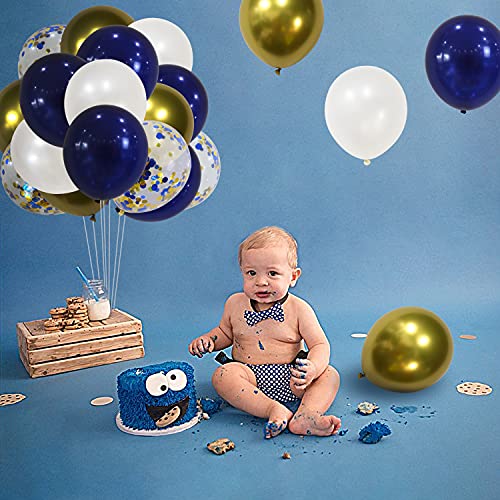 Tuoyi 100pcs Royal Blue Chrome Metallic Balloons Set, 12 Inch White Gold and Blue Balloons, Confetti Balloons for Wedding Engagement, Birthday Balloons