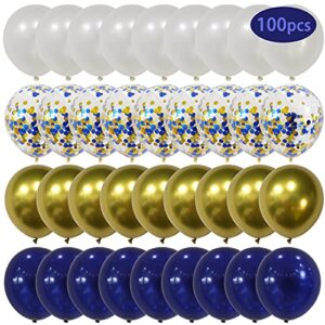 Tuoyi 100pcs Royal Blue Chrome Metallic Balloons Set, 12 Inch White Gold and Blue Balloons, Confetti Balloons for Wedding Engagement, Birthday Balloons