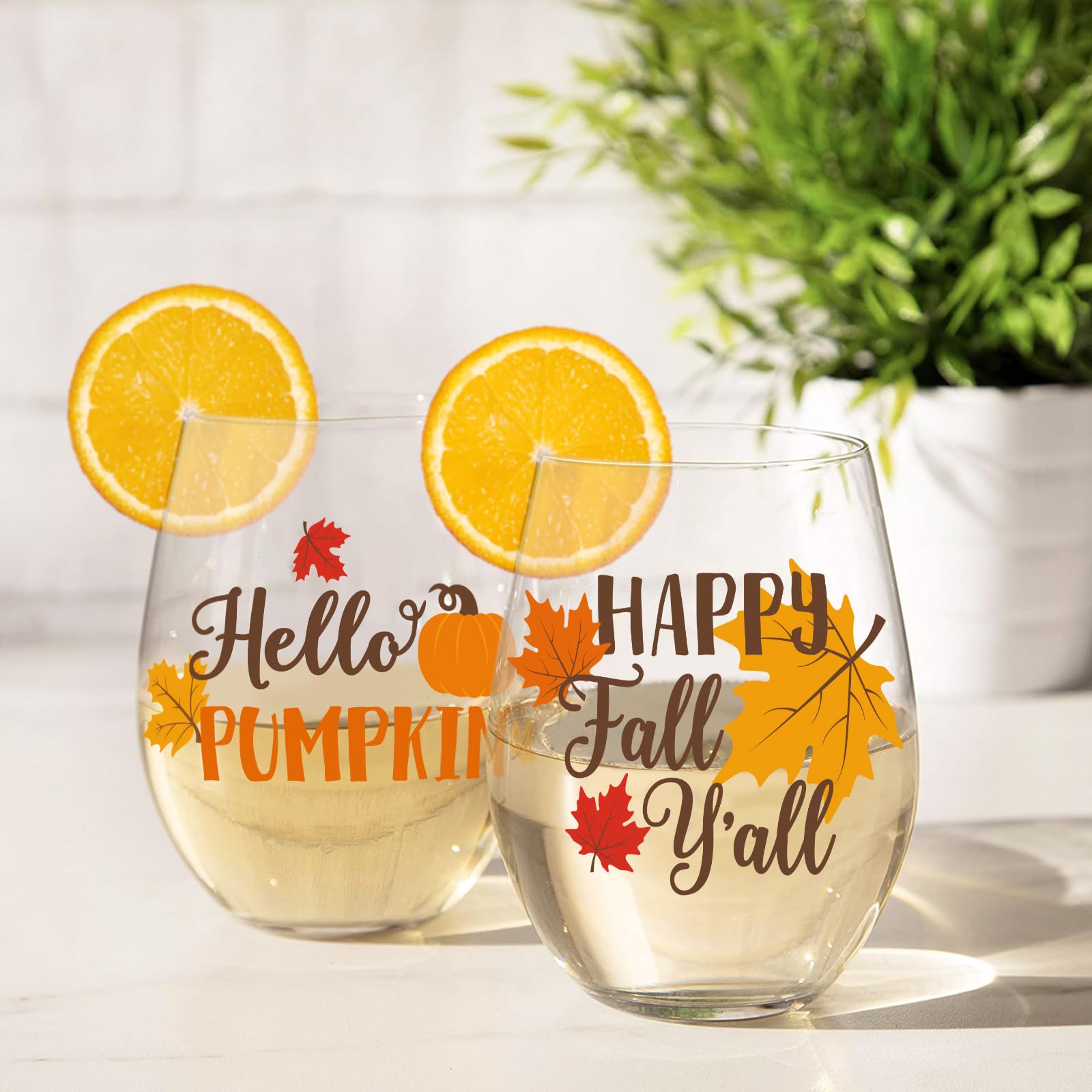 Fall Stemless Wine Glasses 20oz Happy Fall Y'all Hello Pumpkin Wine Glasses Housewarming Birthday Christmas Holiday Gifts Funny Thanksgiving Seasonal Kitchen Decor Wine Tasting Party Supplies