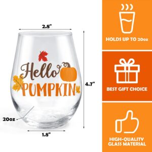 Fall Stemless Wine Glasses 20oz Happy Fall Y'all Hello Pumpkin Wine Glasses Housewarming Birthday Christmas Holiday Gifts Funny Thanksgiving Seasonal Kitchen Decor Wine Tasting Party Supplies