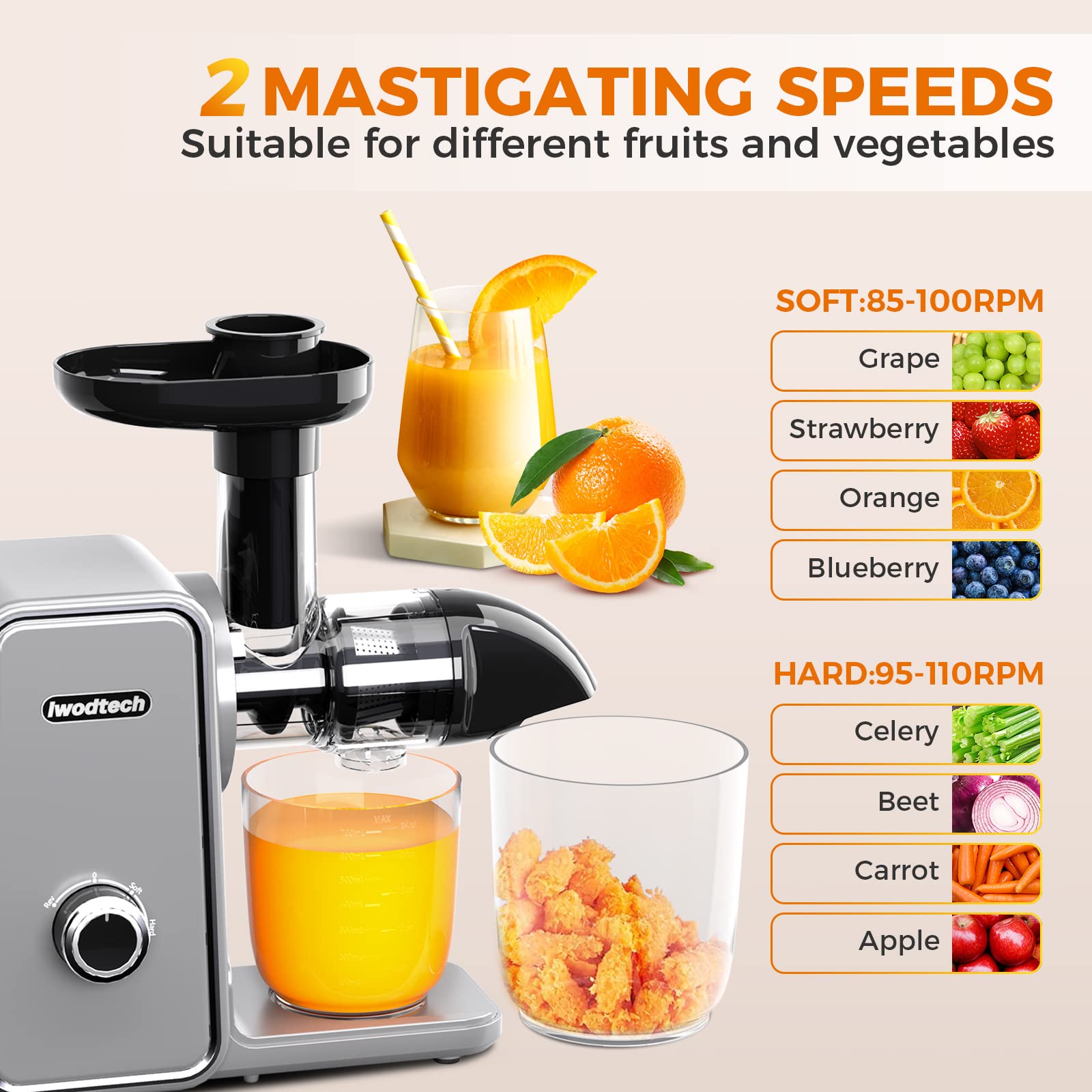 IWODTECH Juicer Machine, Cold Press Juicer with 2 Speed Modes, Slow Masticating Juicer Vegetable and Fruit, Celery Juicer, BPA-Free, Easy to Clean, Galaxy Grey