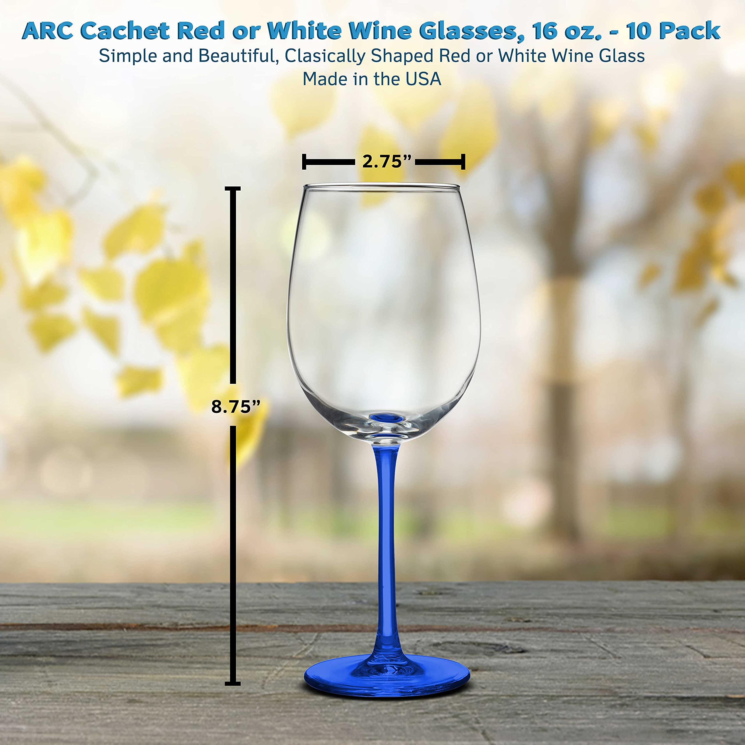 DISCOUNT PROMOS 10 ARC Cachet White Wine Glasses Set, 16 oz. - Wedding, Favors, Cheap, Sturdy - Blue