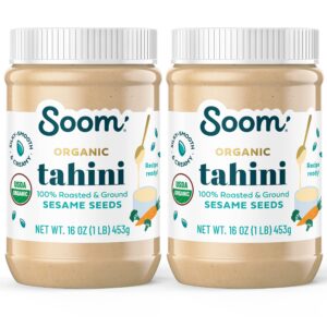 soom foods organic tahini 16oz (2 pack) | roasted & ground sesame seed paste | creamy texture for hummus, sauces, dips, salad dressings | vegan, peanut-free, nut-free, gluten-free, dairy-free, keto, paleo, kosher | all-natural