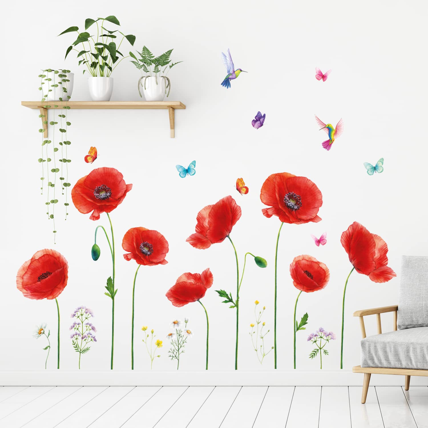 DECOWALL DS9-2104 5 Large Poppy Wall Stickers Red Flower Butterfly Decals Removable for Nursery Bedroom Living Room Art Home Decor murals Decoration