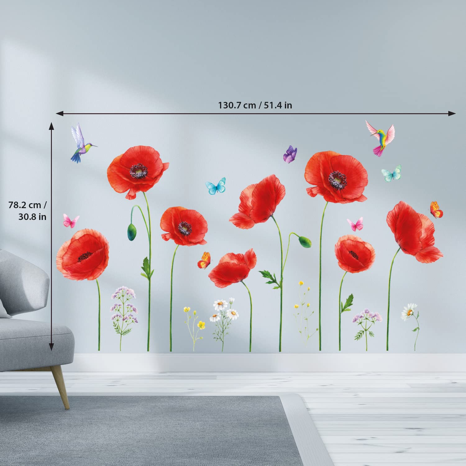 DECOWALL DS9-2104 5 Large Poppy Wall Stickers Red Flower Butterfly Decals Removable for Nursery Bedroom Living Room Art Home Decor murals Decoration