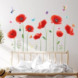 DECOWALL DS9-2104 5 Large Poppy Wall Stickers Red Flower Butterfly Decals Removable for Nursery Bedroom Living Room Art Home Decor murals Decoration