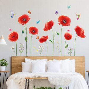 DECOWALL DS9-2104 5 Large Poppy Wall Stickers Red Flower Butterfly Decals Removable for Nursery Bedroom Living Room Art Home Decor murals Decoration