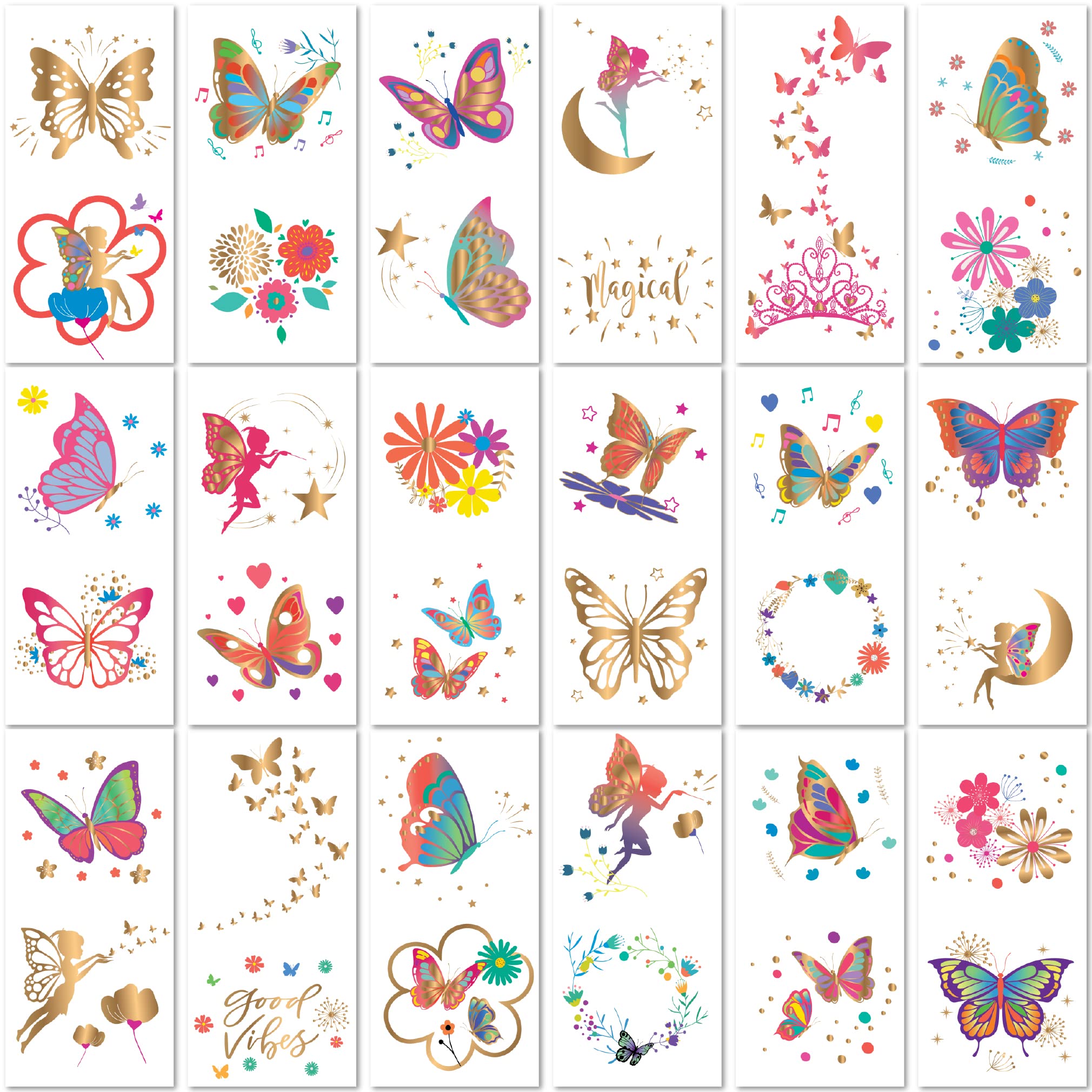 PapaKit Butterflies & Fairies 36 Temporary Fake Tattoo Set, 18 Individually Wrapped Sheets | Kids Girls & Boys Birthday Party Favor Gift Supply, Non-Toxic Safe Removable