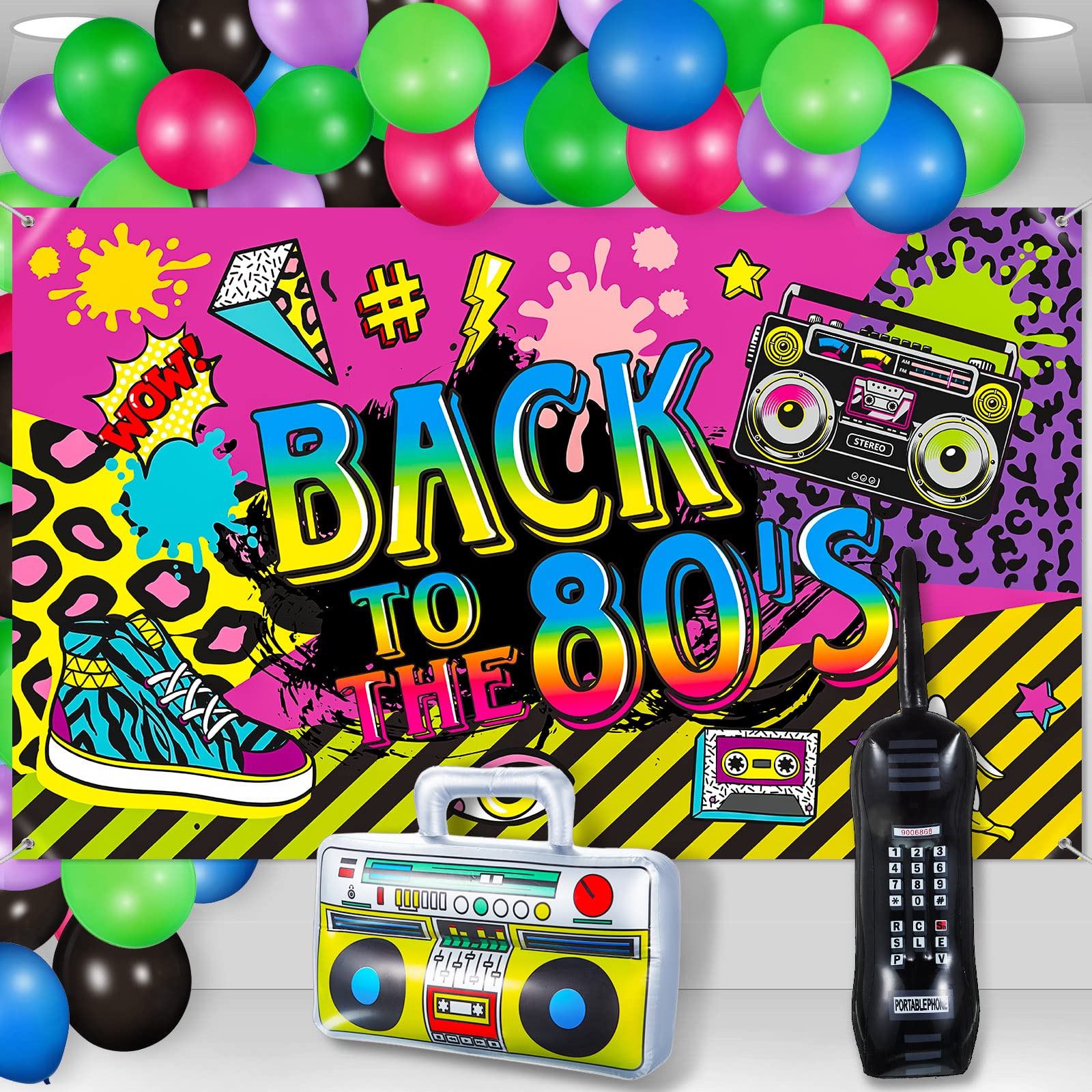 Xuhal 80's Party Decorations Back to the 80s Party Backdrop Banner with Inflatable Radio Boombox and Mobile Phone Latex Balloons for 80s Hip Hop Themed Birthday Photo Booth Background Party Supplies