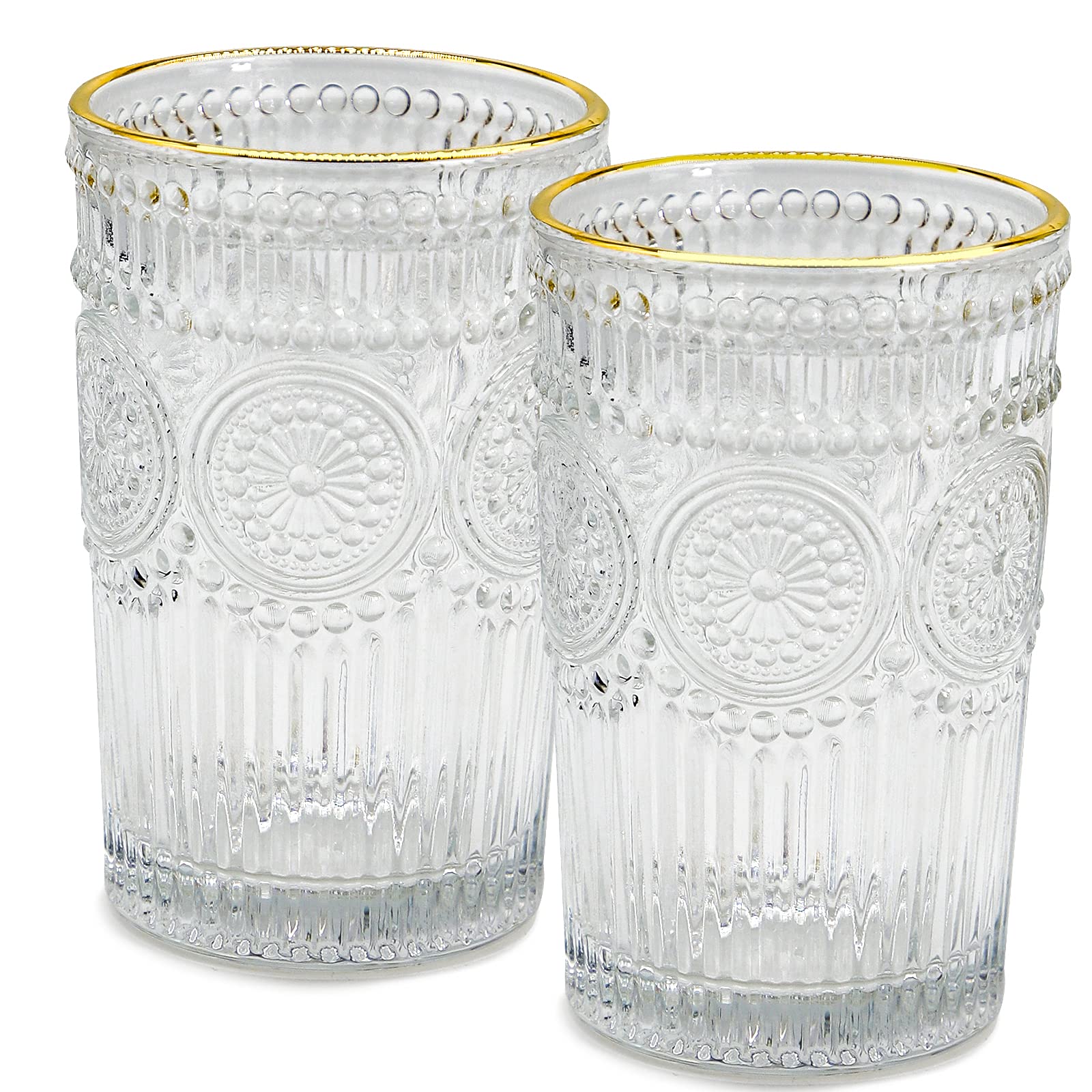 TOSSOW Vintage Sunflower Glass Cups, Glassware Drinking Set of 2, Coffee Wine Clear Mug(15.5 oz)