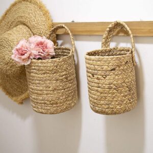 HUIKJI 2Pcs Water Hyacinth Hanging Baskets,Hand Woven Baskets for Plants & Accessories,Wall Hanging Small Storage Baskets Natural Sea Weed Baskets Garden Plant Baskets