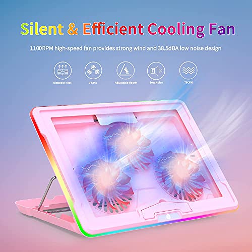 NACODEX Pink RGB Laptop Cooling Pad with 3 Quiet LED Fans and Touch Control for 15.6"-17" Laptop, Adjustable Comfortable Height Portable Cooler, Durable Pure Metal Panel (Pink)