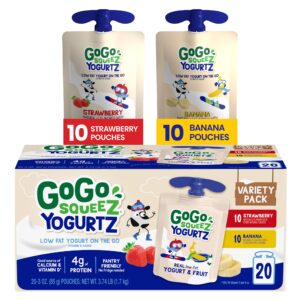 gogo squeez yogurtz variety pack, strawberry & banana, 3 oz (pack of 20), kids snacks made from real yogurt and fruit, no fridge needed, gluten free, nut free, recloseable cap, bpa free pouches