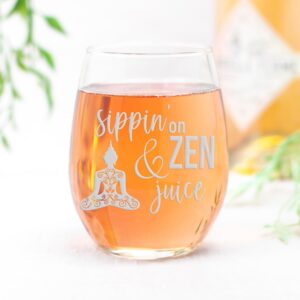 Sippin on Zen and Juice Yoga Stemless Wine Glass - Yoga Gift, Namaste, Gift For Relaxation, Pun Gift, Wine Lover, Her, Mother, Best Friend Gift, Music Gift