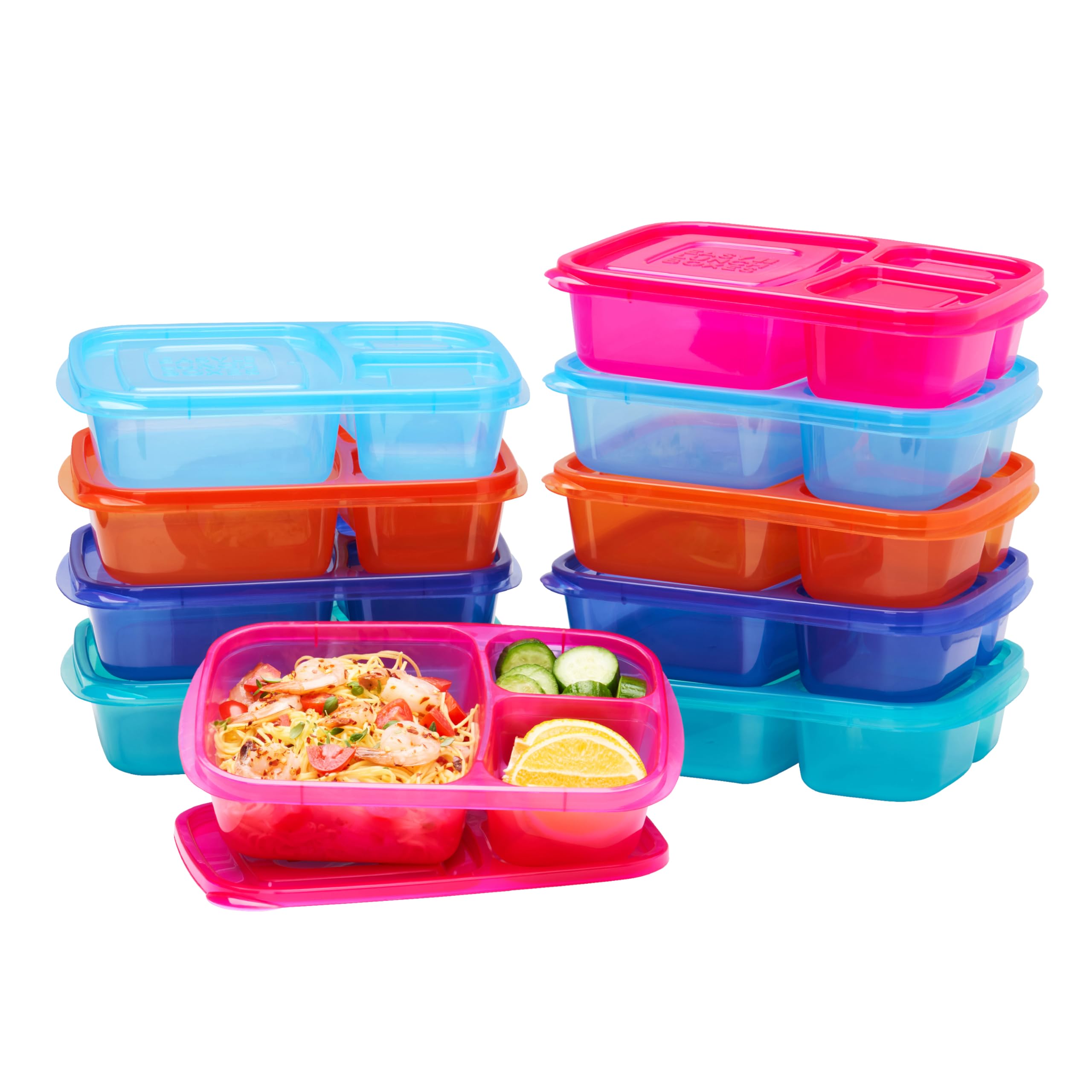 EasyLunchboxes® - Original Stackable Lunch Boxes - Reusable 3-Compartment Food Containers for Kids and Adults - Bento Lunch Box for Meal Prep, School, & Work - BPA Free, Set of 10 (Jewel Brights)