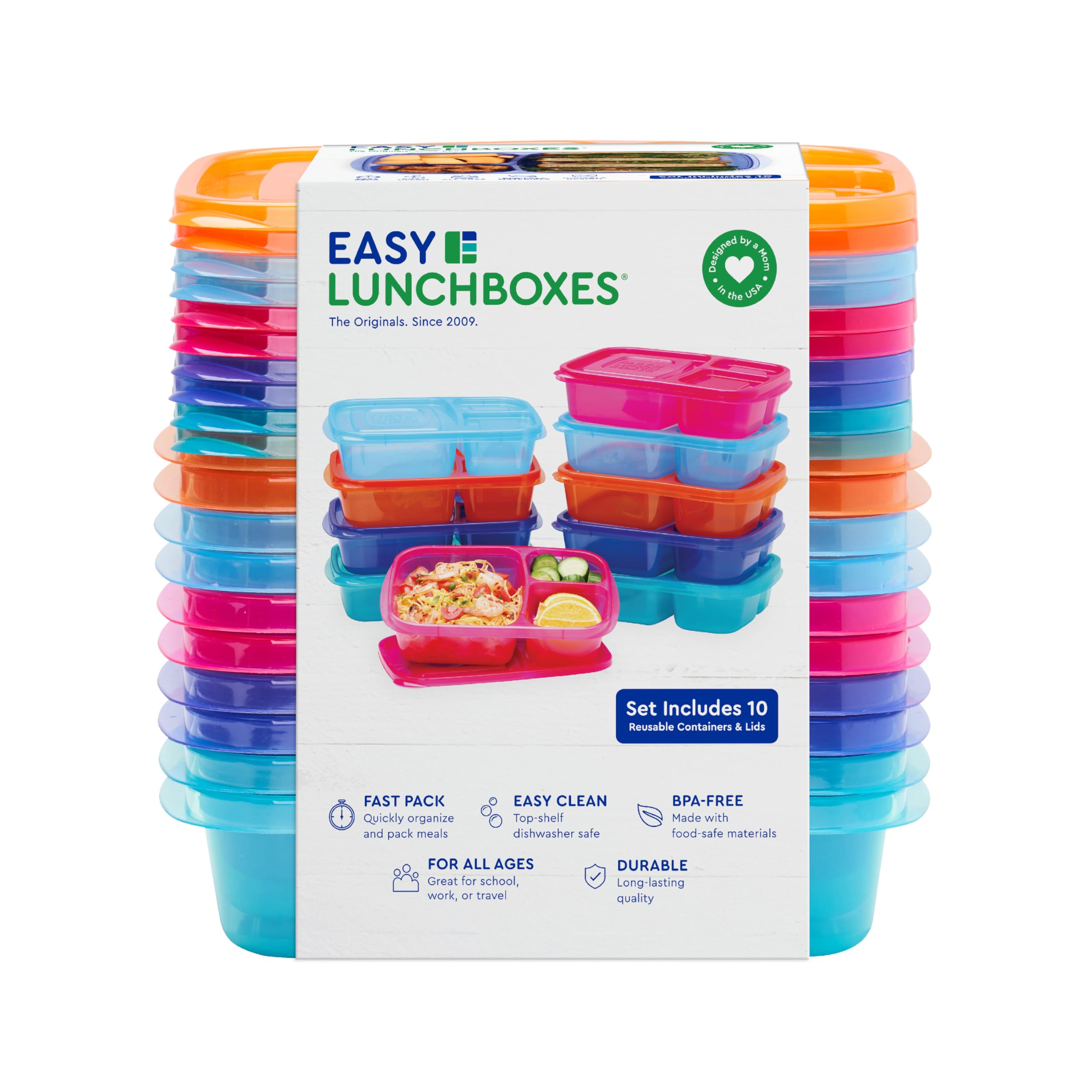 EasyLunchboxes® - Original Stackable Lunch Boxes - Reusable 3-Compartment Food Containers for Kids and Adults - Bento Lunch Box for Meal Prep, School, & Work - BPA Free, Set of 10 (Jewel Brights)