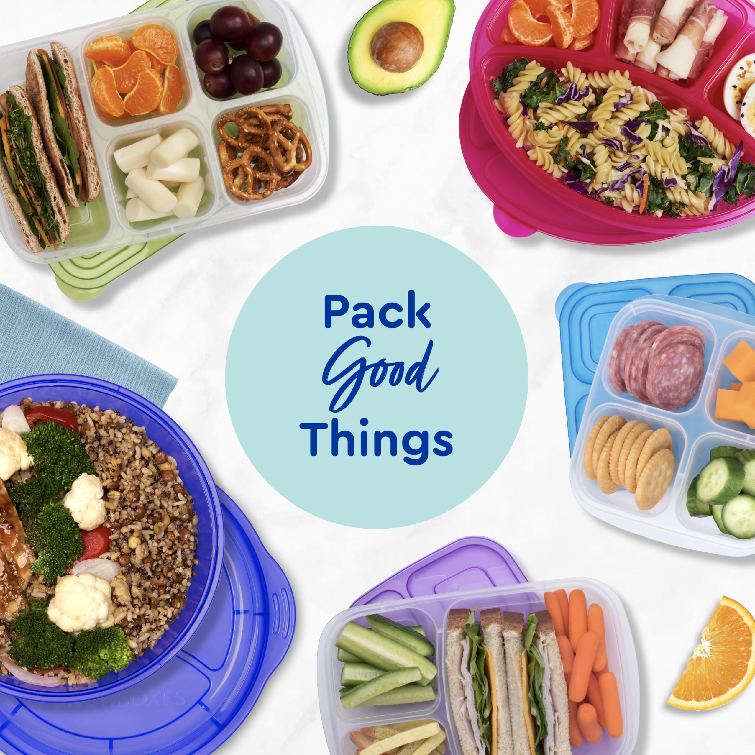 EasyLunchboxes® - Original Stackable Lunch Boxes - Reusable 3-Compartment Food Containers for Kids and Adults - Bento Lunch Box for Meal Prep, School, & Work - BPA Free, Set of 10 (Jewel Brights)