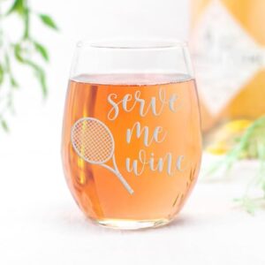 Serve Me Wine Tennis Stemless Wine Glass - Tennis Gift, Tennis Wine Glass, Tennis Player Gift, Tennis Coach Gift, Tennis Mom, Tennis Team Gift